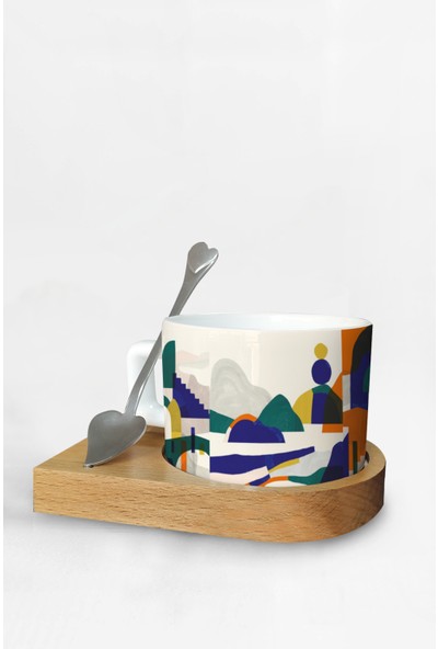 Flipped Colorful Pattern Mıknatıslı Kalp Kaşıklı Nescafe Fincanı