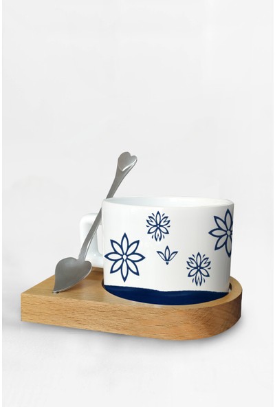 Flipped Blue Flowers Mıknatıslı Kalp Kaşıklı Nescafe Fincanı