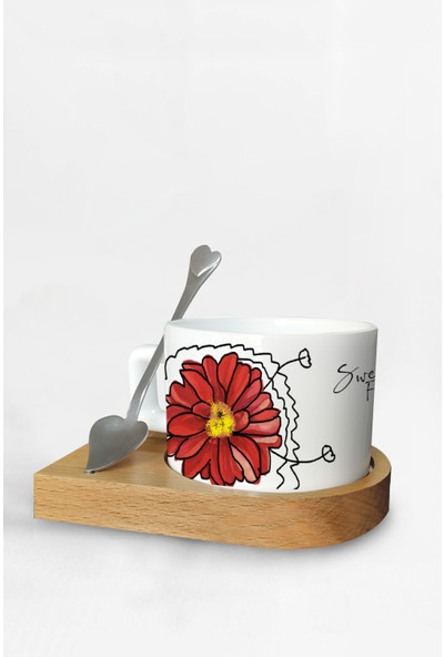Flipped Red Flower Mıknatıslı Kalp Kaşıklı Nescafe Fincanı