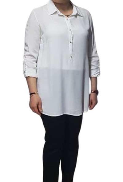 Elsin Butik Kadın Büyük Beden Beyaz Tunik Ön Patlı Bluz LM4787