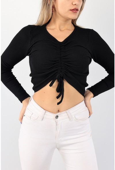 By Love Stil Siyah Sıkmalı Fitilli Bluz