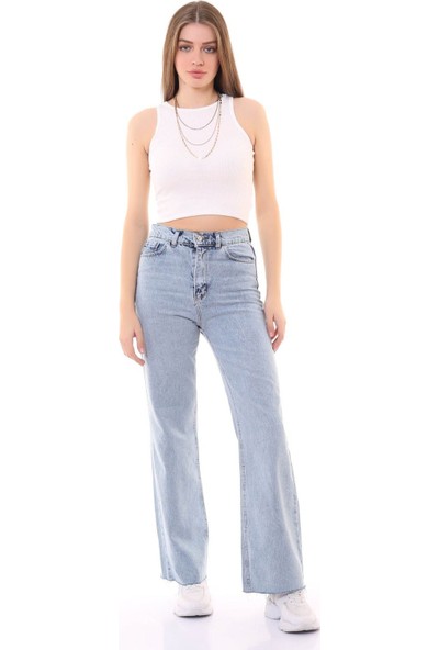 Yüksel Bel Bol Paça Denim Pantolon