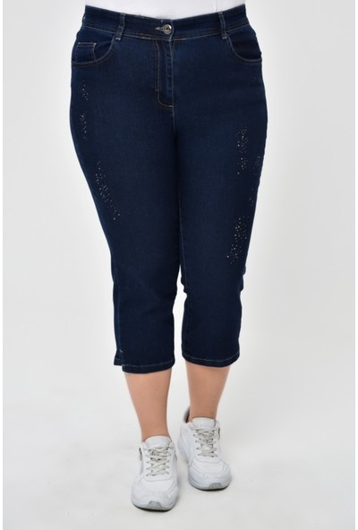 Era Lisa Önü Taş Detaylı Likralı Büyük Beden Kot Kapri