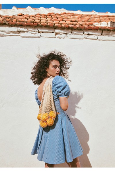 Mavi Maviterranean Çizgili Mavi Elbise