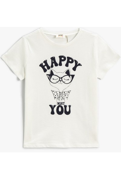 Koton Kedi Baskılı Tişört Kısa Kollu Bisiklet Yaka Pamuklu