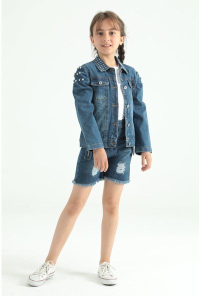 Modaplaza Kız Çocuk Yakası Taşlı Kot Ceket 6104