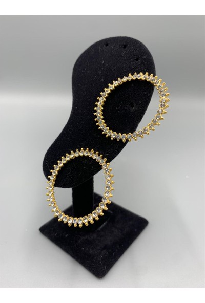 Bujiteri Dükkanı Gold Renk Zirkon Taşlı Dik Halka Küpe