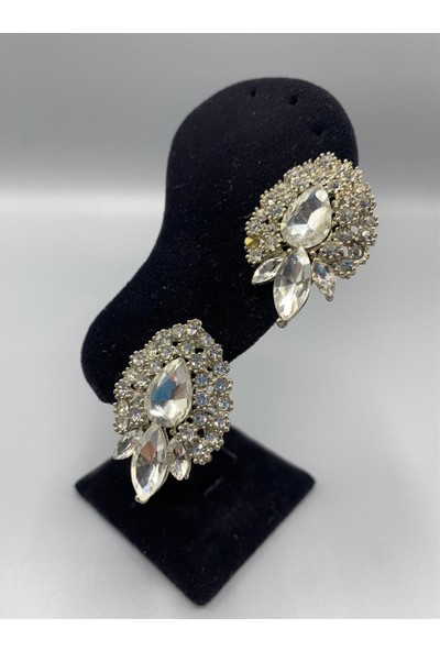 Gümüş Renk Büyük Damla Taşlı Abiye Küpe