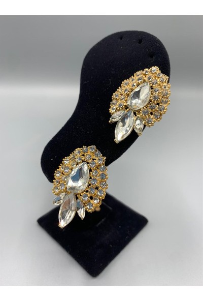 Bujiteri Dükkanı Gold Renk Büyük Damla Taşlı Abiye Küpe