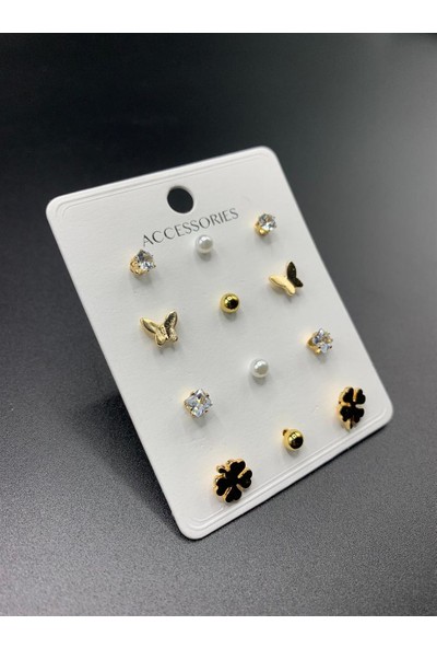 Bujiteri Dükkanı Gold Renk ve Incili Kelebek Oniki Adet Damla Set Küpe Bujiteri Dükkanı Gold Renk ve Incili Kelebek Oniki Adet Damla Set Küpe