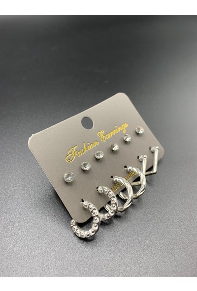 Bujiteri Dükkanı Gümüş Renk Altılı Halka Küpe ve Tek Taş Altılı Set Küpe