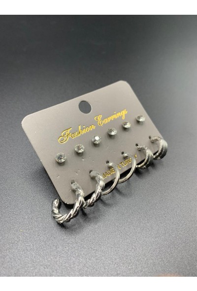 Bujiteri Dükkanı Gümüş Renk Altılı Halka Küpe ve Tek Taş Altılı Set Küpe