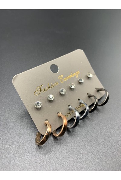 Bujiteri Dükkanı Üç Renk Gold Bakır Gümüş Küçük Halka Halka Damla Set Küpe