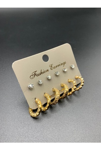 Bujiteri Dükkanı Gold Renk Altılı Halka Küpe ve Tek Taş Altılı Set Küpe