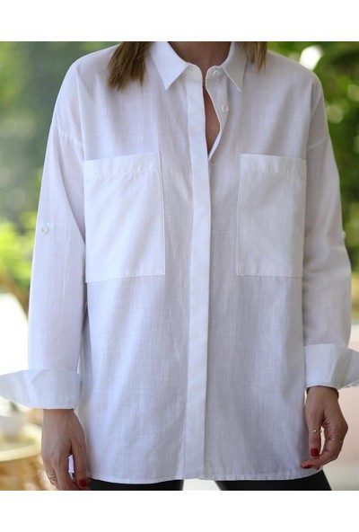Moda Yıldızlar Beyaz Çift Cepli Keten Gömlek Moda Yıldızlar Beyaz Çift Cepli Keten Gömlek