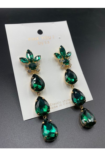 Bujiteri Dükkanı Yeşil Zümrüt Taşlı Uzun Tasarım Küpe