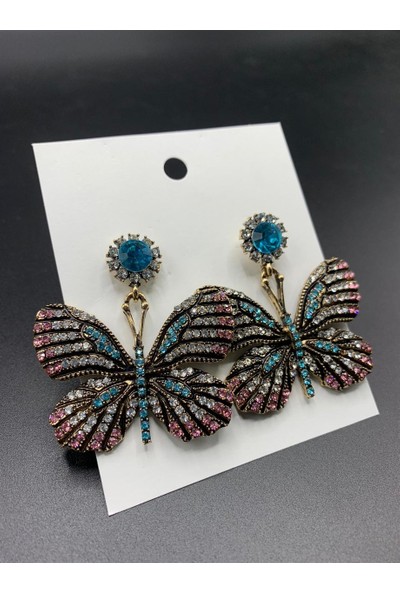 Bujiteri Dükkanı Mavi ve Pembe Zirkon Taşlı Kelebek Model Tasarım Küpe