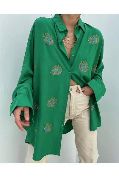 Miss Yıldızlar Yeşil Taş Işlemeli Gömlek
