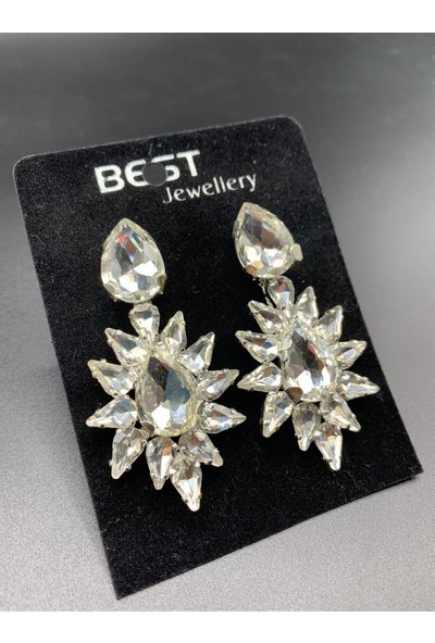 Bujiteri Dükkanı Şeffaf Zümrüt Taşlı Güneş Abiye Küpe