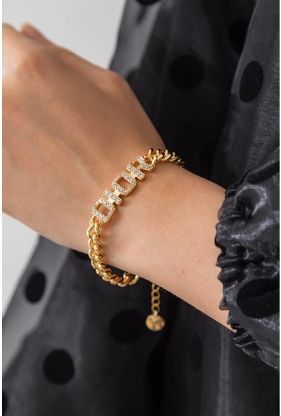 Bujiteri Dükkanı Gold Renk Zincirli Zirkon Taşlı Dıor Bileklik