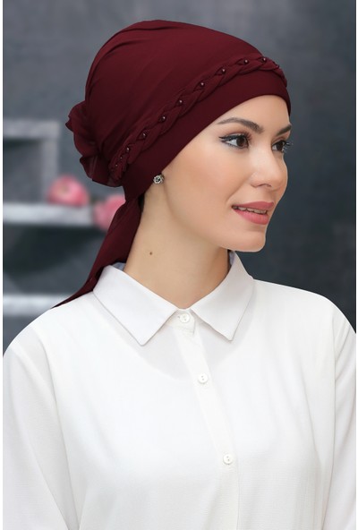 Hürrem Bone Bordo Pratik Hazır Geçmeli Tesettür Bone Sandy Kumaş Örgülü Güllü 1203_16 Hürrem Bone Bordo Pratik Hazır Geçmeli Tesettür Bone Sandy Kumaş Örgülü Güllü 1203_16