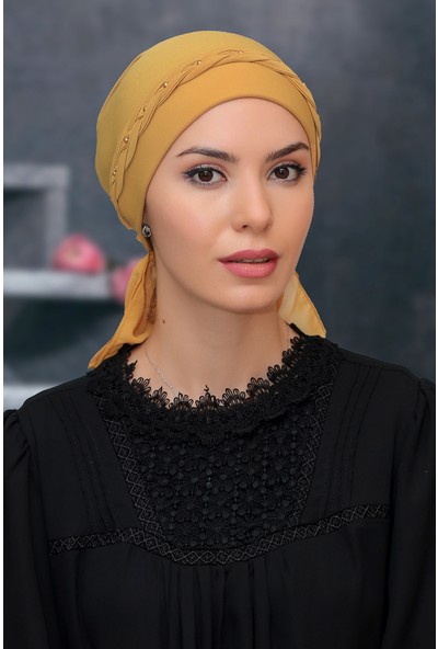 Hürrem Bone Gold Pratik Hazır Geçmeli Tesettür Bone Sandy Kumaş Örgülü Güllü 1203_03