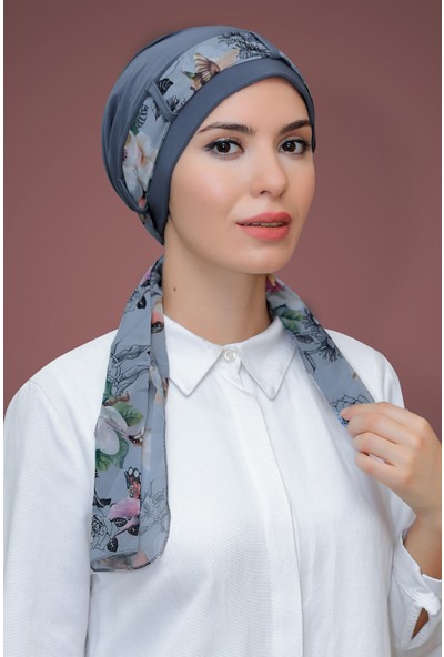 Hürrem Bone Gri Pratik Hazır Geçmeli Tesettür Bone Sandy Kumaş Desenli Şifon Kemerli 1205D_15 Hürrem Bone Gri Pratik Hazır Geçmeli Tesettür Bone Sandy Kumaş Desenli Şifon Kemerli 1205D_15