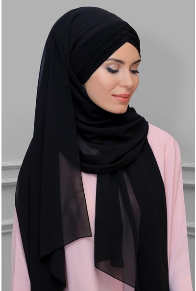 Hürrem Bone Siyah Arkadan Bağlamalı Şal Şifon Çapraz Üç Bantlı 1457_01