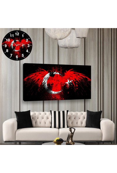 Kartal Ay Yıldız, Türk Bayrağı, Kuş 1 Parçalı Kanvas Tablo ve Saat Kombinli Kartal Ay Yıldız, Türk Bayrağı, Kuş 1 Parçalı Kanvas Tablo ve Saat Kombinli