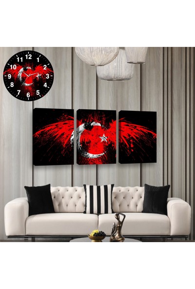 Kartal Ay Yıldız, Türk Bayrağı, Kuş 3 Parçalı Kanvas Tablo ve Saat Kombinli Kartal Ay Yıldız, Türk Bayrağı, Kuş 3 Parçalı Kanvas Tablo ve Saat Kombinli