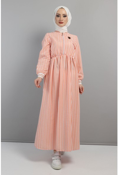 Çizgili Fermuarlı Elbise Turuncu