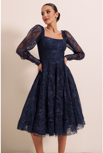Z Giyim Kadın Lacivert Kare Yaka Dantel Abiye Z Giyim Kadın Lacivert Kare Yaka Dantel Abiye