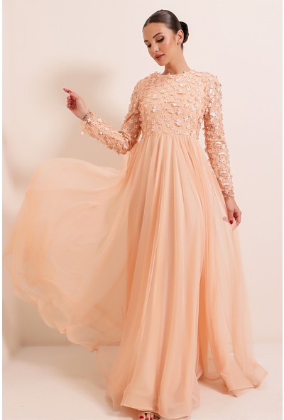 Z Giyim Kadın Somon Kadın Üstü Papatya Desenli Eteği Tül Abiye