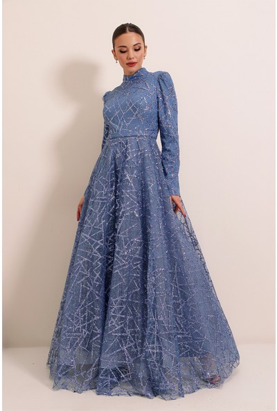 Z Giyim Kadın Mavi Hakim Yaka Pul Işlemeli Şık Abiye Z Giyim Kadın Mavi Hakim Yaka Pul Işlemeli Şık Abiye