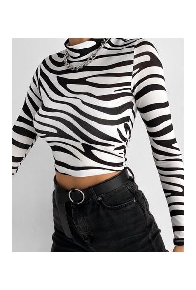 Naze Butik Kadın Zebra Uzunkol Crop