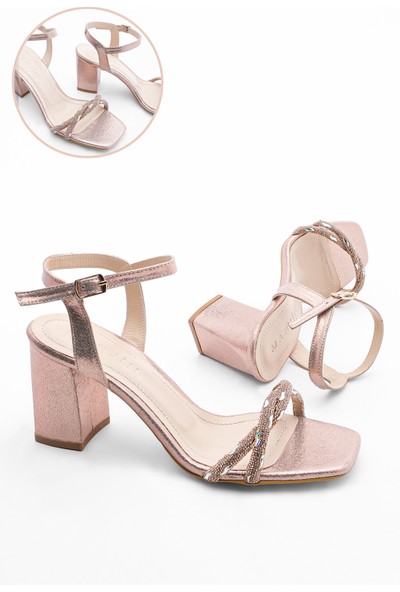 Kadın Taşlı Abiye Topuklu Ayakkabı Kalın Ökçe Levoz