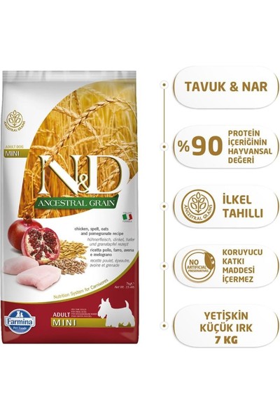 N&D Nd Tavuk ve Nar Yetişkin Mini Az Düşük Tahıllı Köpek Maması 7 kg N&D Nd Tavuk ve Nar Yetişkin Mini Az Düşük Tahıllı Köpek Maması 7 kg