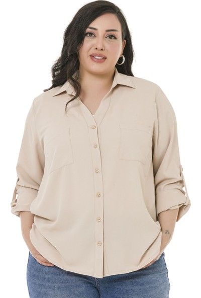 Disentis Modest Büyük Beden Katlamalı Kollu Çift Cepli Sırt Büzgü Detaylı Arkası Uzun Bej Rengi Gömlek