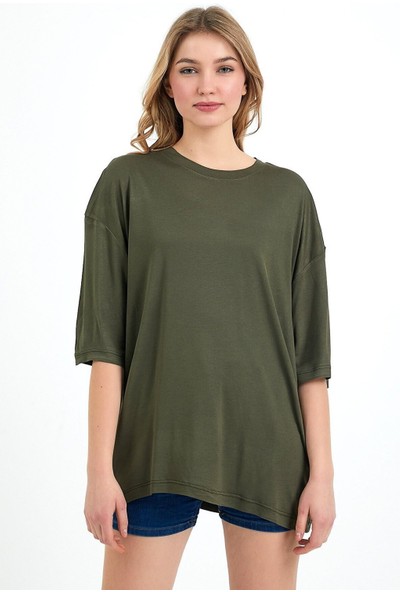 Miralbas Kadın Rahat Stil-Tarz Pamuklu Düz Oversize Bisiklet Yaka Basic T-Shirt-Tişört Miralbas Kadın Rahat Stil-Tarz Pamuklu Düz Oversize Bisiklet Yaka Basic T-Shirt-Tişört