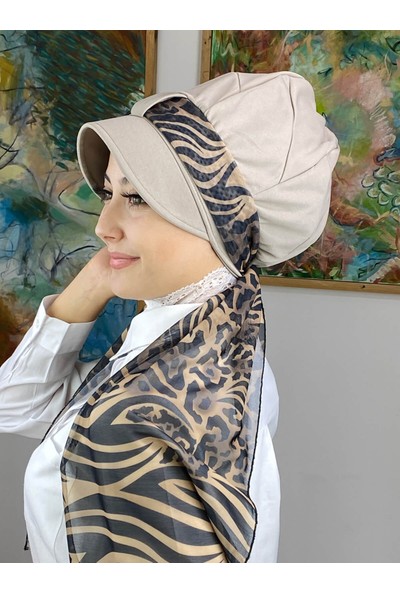 Yoisho Store Fularlı Tesettür Koyu Bej Şapka Bone