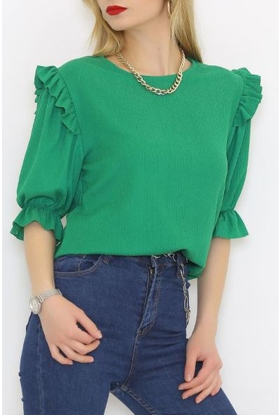 E Moda Omuz Fırfırlı Bluz Yeşil - 3460.105.