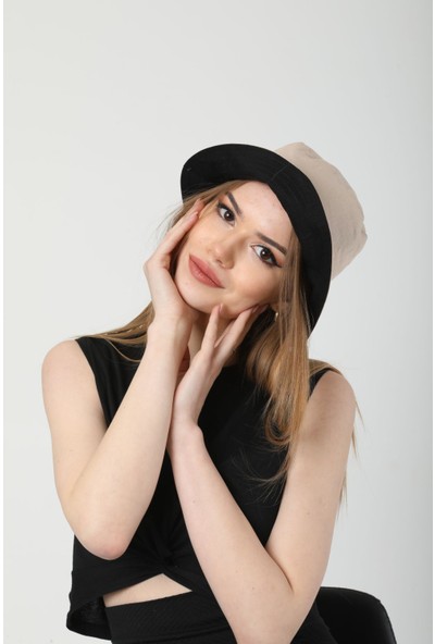 Luminos Butik Kadın Çift Taraflı Siyah-Bej Bucket Şapka