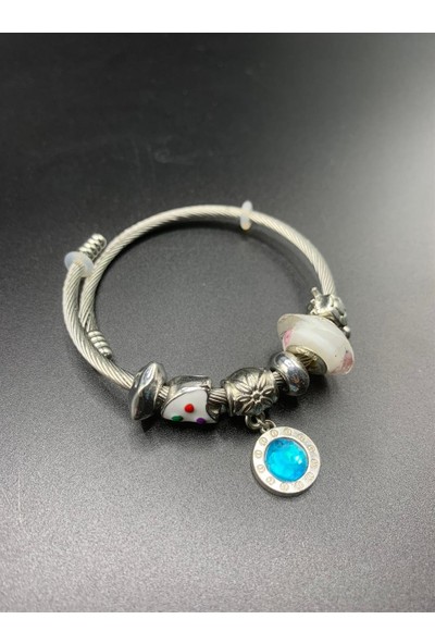 Gri Çelik Paslanmaz Mavi Zümrüt Figürlü Pandora Bileklik