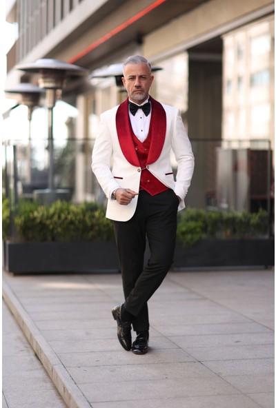 Fc Plus Kırmızı Damatlık Yelekli Takım Elbise -Slim Fit