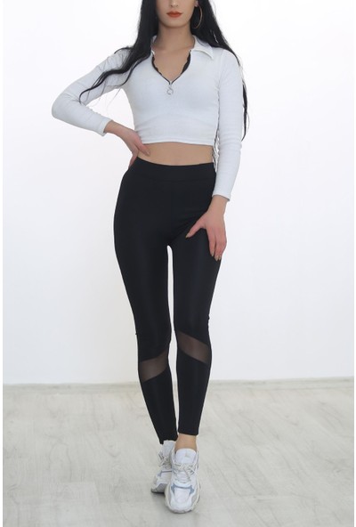 Karazona Kadın Tül Detaylı Tayt Siyah KZDN1295