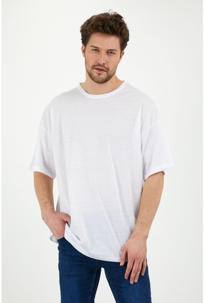 Erkek Bisiklet Yaka Oversize Kısa Kollu Geniş Kalıp Tişört T-Shirt Beyaz Erkek Bisiklet Yaka Oversize Kısa Kollu Geniş Kalıp Tişört T-Shirt Beyaz