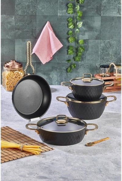 Cooker 7 Parça Titanium Tencere Seti Siyah Gold CKR2853 Cooker 7 Parça Titanium Tencere Seti Siyah Gold CKR2853