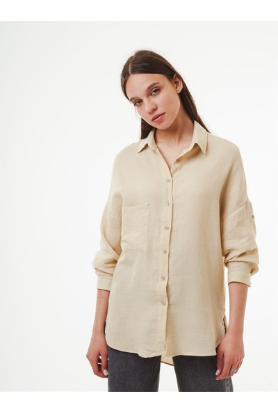 Eylül Moda Kadın Gömlek Ön Tek Cep Ön Kısa Arka Uzun Düşük Dirsek Kol