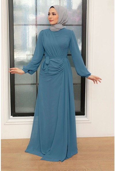 Neva Style Tesettür Abiye Elbise - Drape Detaylı Indigo Mavisi Tesettür Abiye Elbise 5711IM Neva Style Tesettür Abiye Elbise - Drape Detaylı Indigo Mavisi Tesettür Abiye Elbise 5711IM