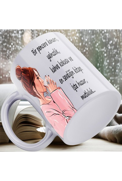 Remonz Kahveli Kız Çift Taraflı Baskılı Porselen Kupa Bardak